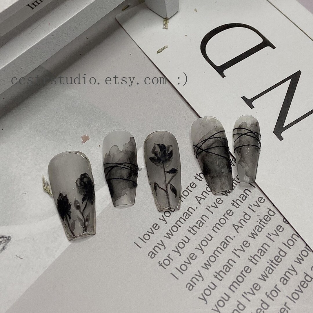 Black Ink Rose Press on Nails: Monochrome Watercolor Floral Nail Set - Etsy