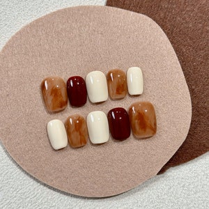 Burgundy Caramel Swoosh Nails, Handmade Press on Nails, Luxury Nails ...