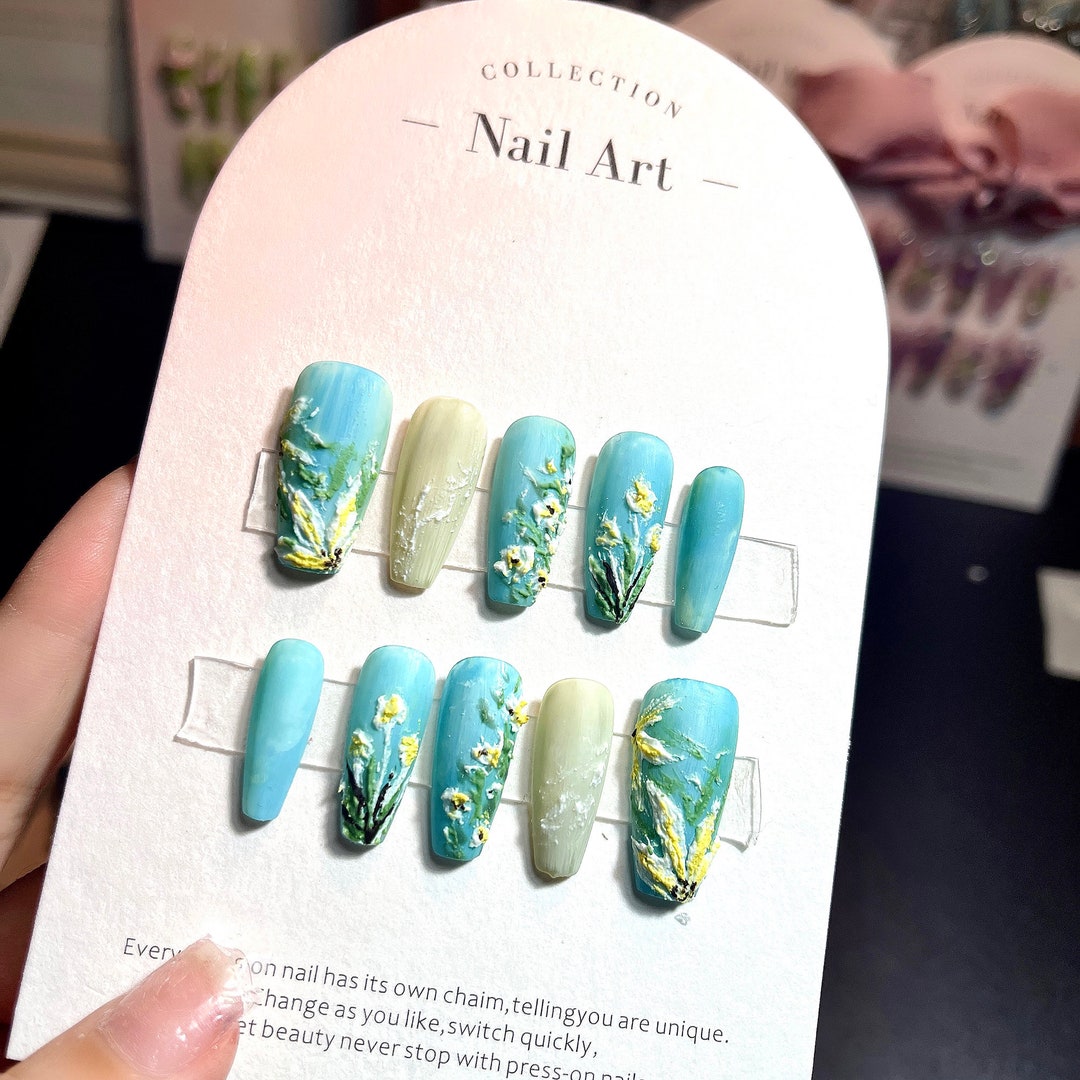 Plaster Oil Painting Style Nail Art, Blue Floral Nails, Hand Made ...