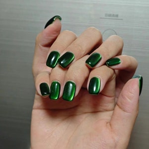 Green Cat Eye Nails, Emerald Green Jade Cat Eye Nails, Luxury Press-on ...