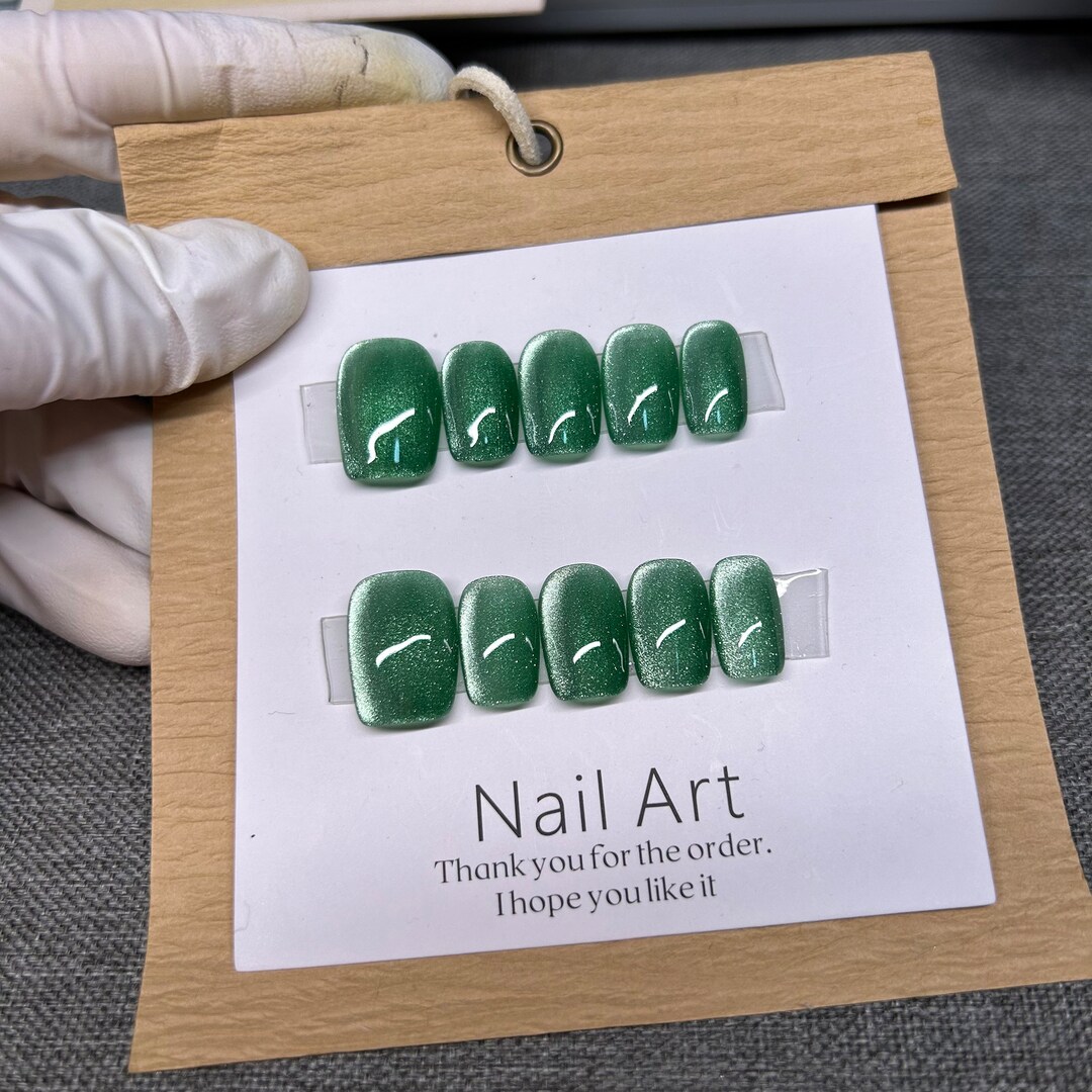 Dark Green Cat Eye Nails, Handmade Nails, Glitter Nails, Gift for Her ...