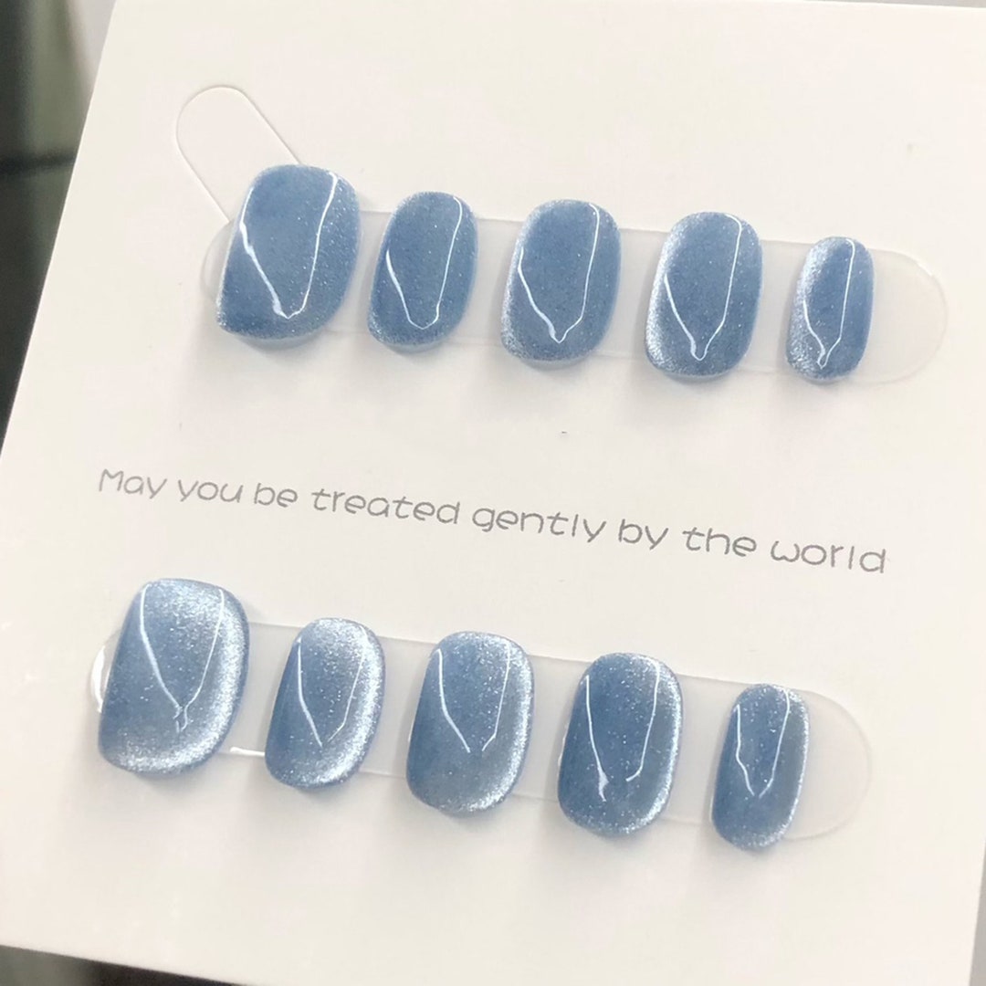 Simple Silver Blue Cat Eye Nails,solid Color Glitter Girl Nails,party ...