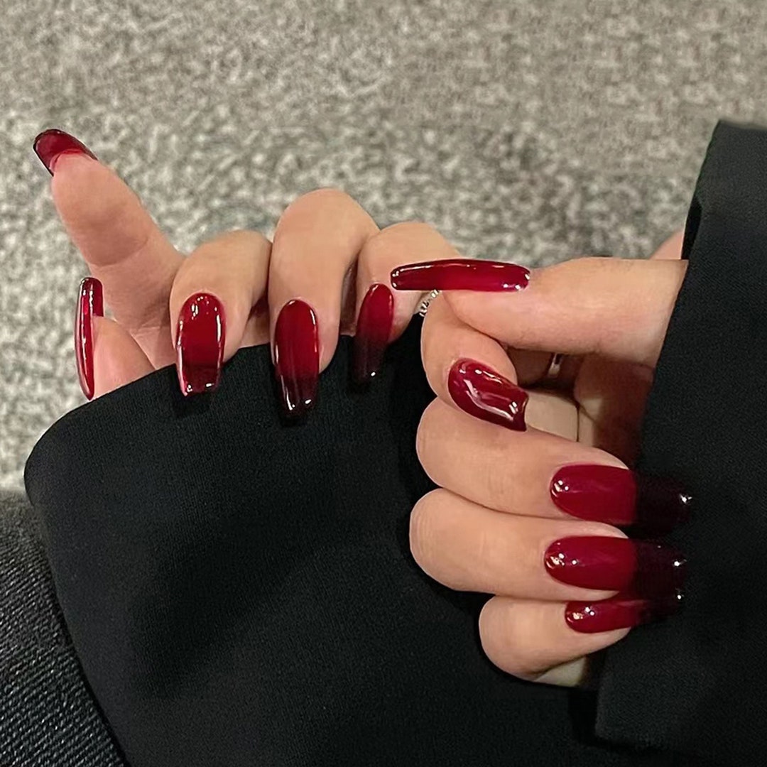 Jewel Red, Burgundy Pressed Nails, Elegant Solid Color Nails, Handmade ...