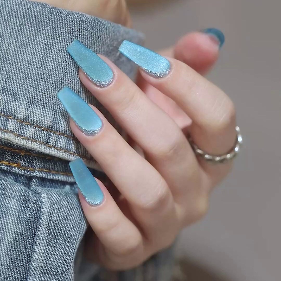 Blue Cat Eye Nail Art, Handmade Custom Nail Pieces, Aquamarine Pixie ...