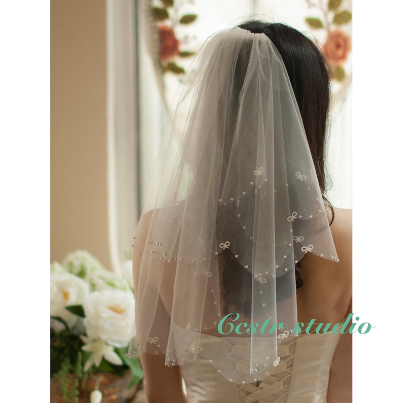 Pearl Bow Embroidered Bridal Veil: Two-tier Tulle Wedding Veil - Etsy