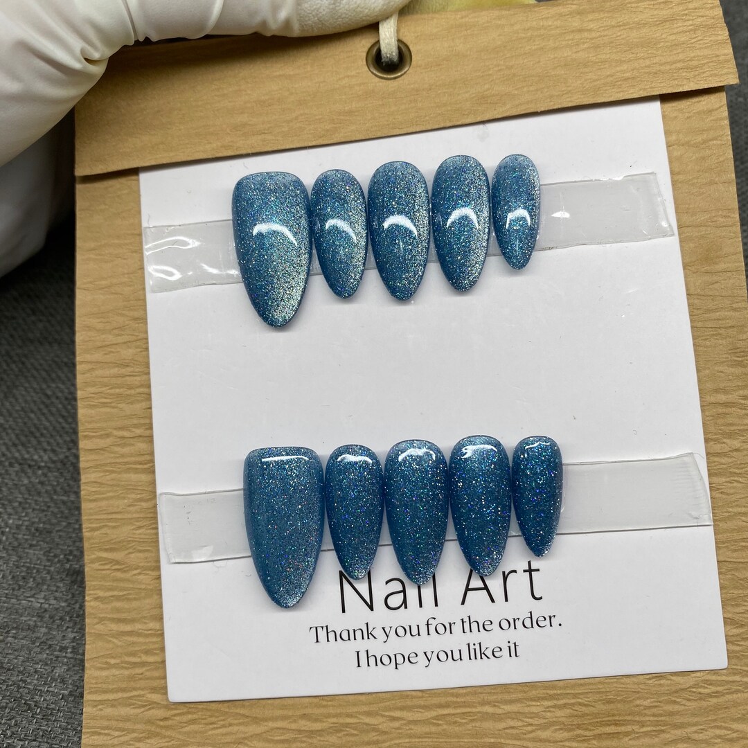Dark Blue Cat Eye Nails, Glittery Cat Eye Gel Nails, Cute Short Nails, Stylish Short Pressed ...