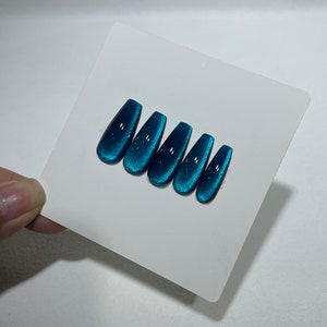 Aquamarine Cat Eye Press on Nails: Handmade Blue Crystal Wearable Nails ...