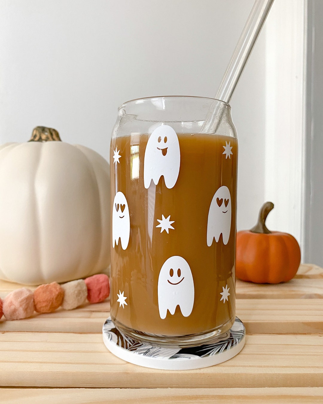 Cute Spooky Ghost Emoji Glass Can | Fall Cup, Pumpkin Clear Mug, Spooky ...