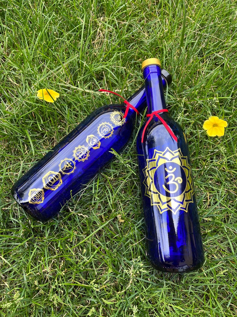 Blue Water Bottle, Reusable, blue Solar Water 750ml, Chakra Symbols ...