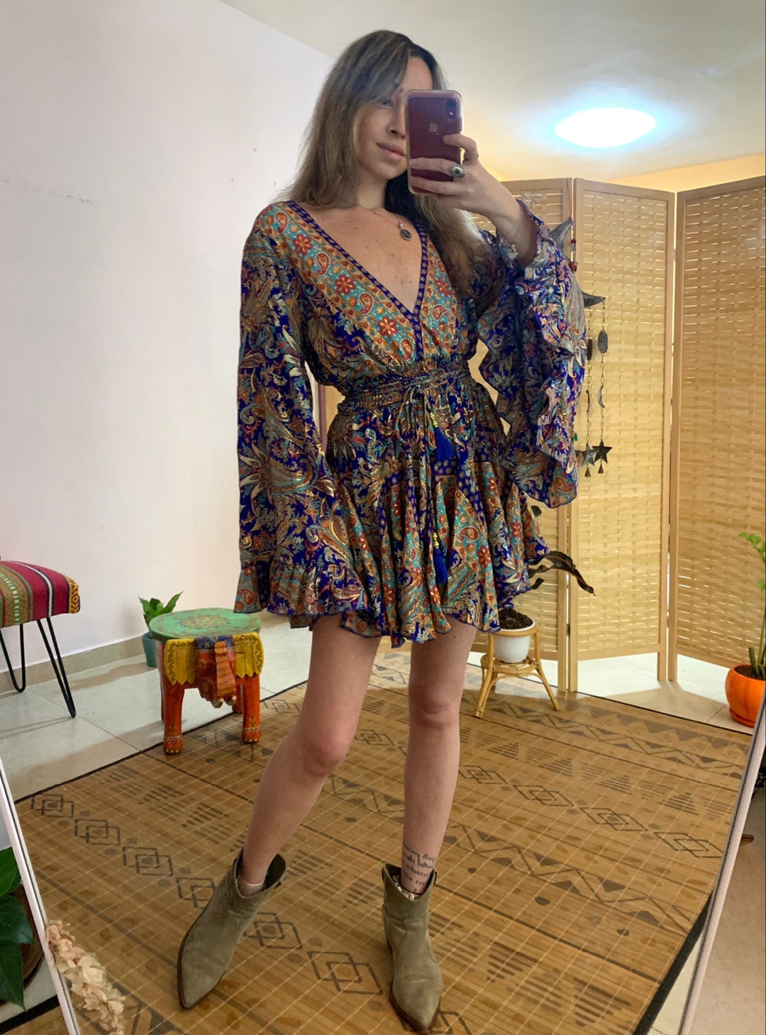 Bell Sleeve Mini Bohemian Dress Goddess Clothing Long Sleeve Short ...