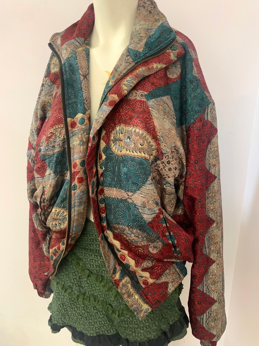 Silk One of a Kind Red Turquoise Silk and Fleece Jacket Vintage Zipper ...