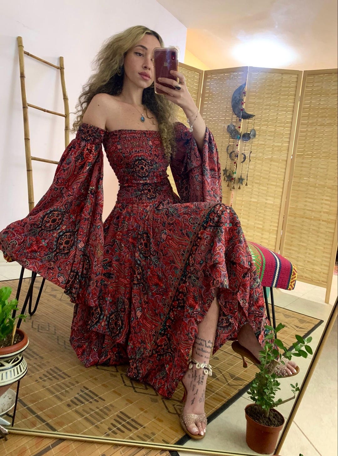 Long Bell Sleeve Red and Gold Pattern Goddess Dress | Long Bohemian ...