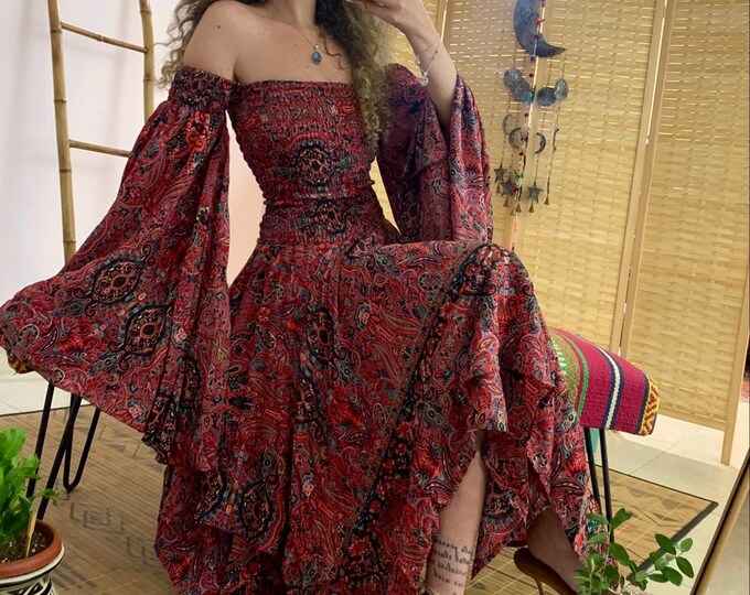 Long Bell Sleeve Red and Gold Pattern Goddess Dress | Long Bohemian ...