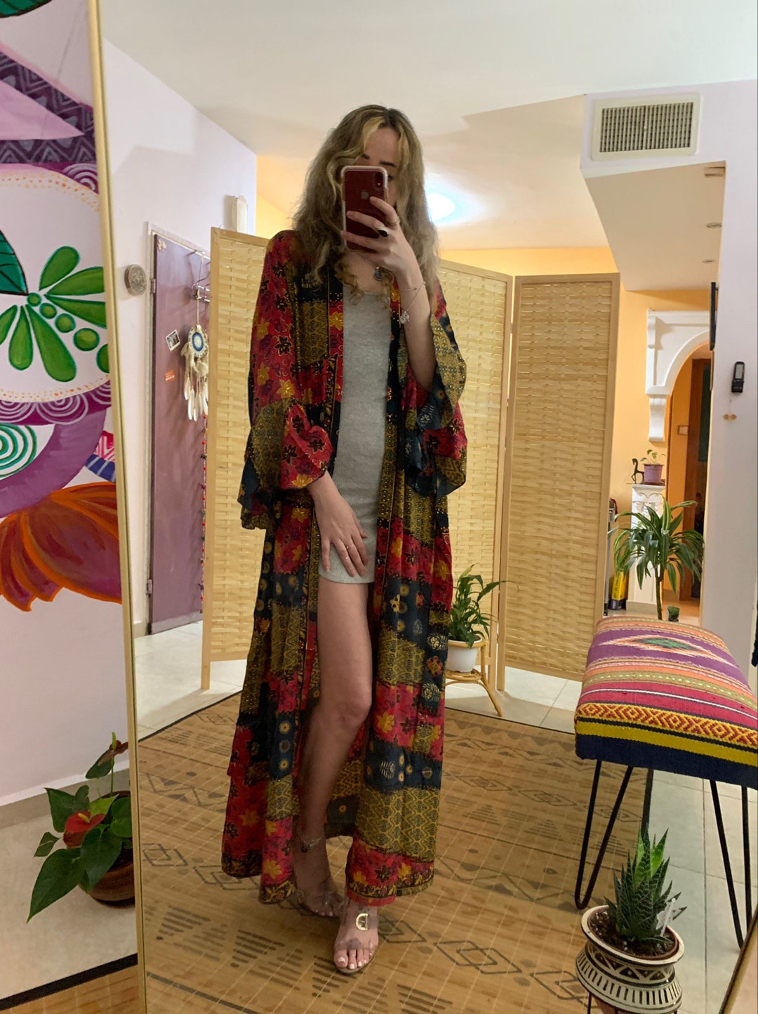 Boho Long Maxi Kimono Silky Sparkle Gold Bohemian Duster Robe Free Loss ...