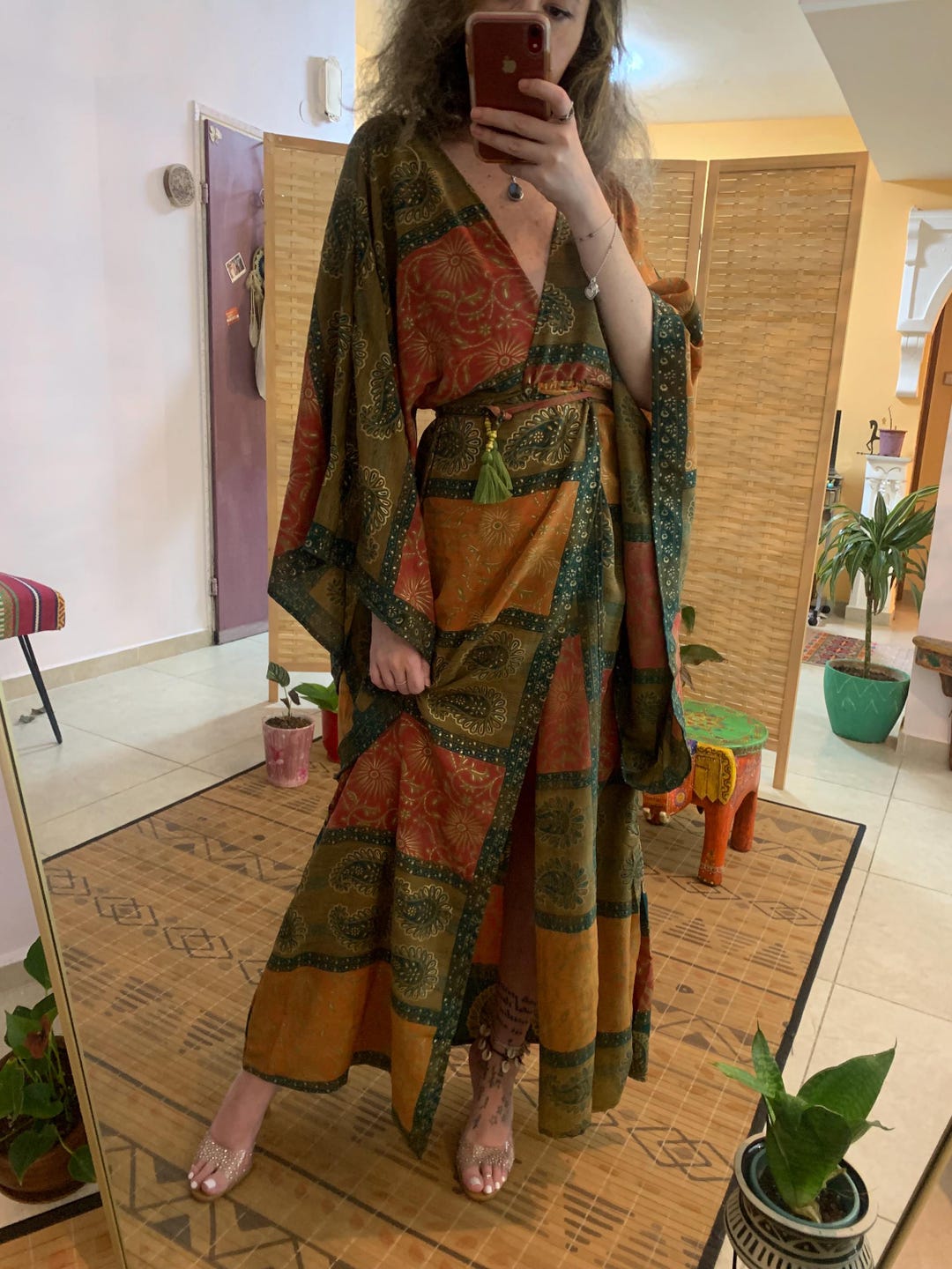 Silky One of a Kind Gold Patterns Japanese Long Kimono | Luxury Coverup ...