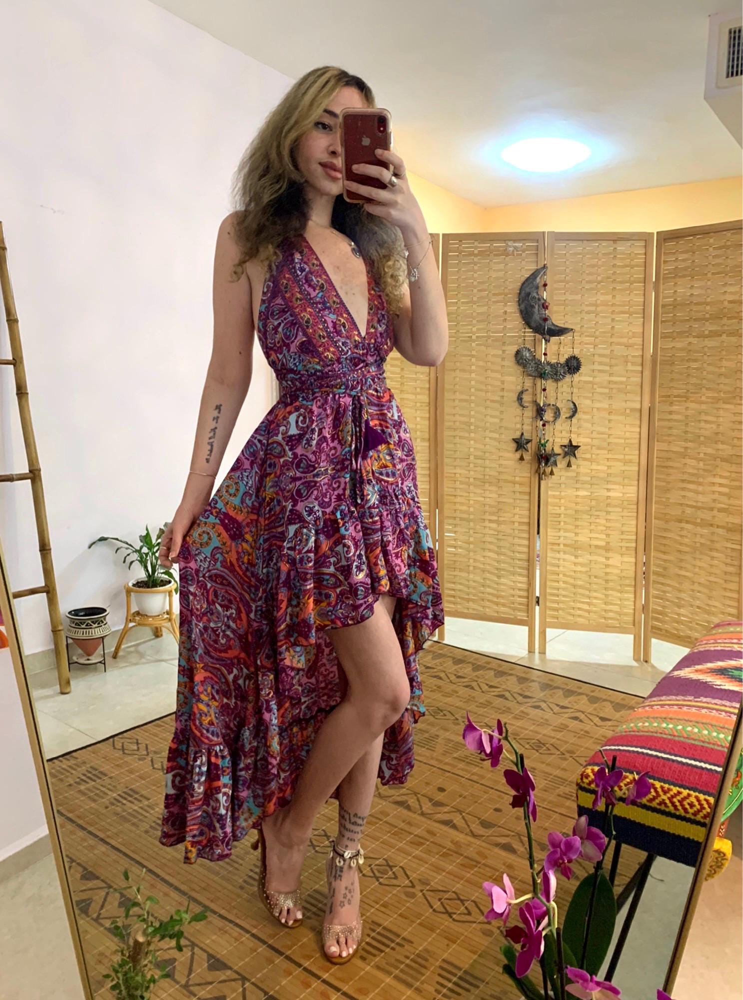 Red Sexy Backless Dress , Halter Open Back Bohemian Dress | Gold ...