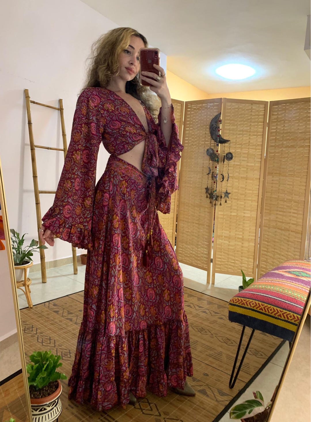Two Piece Set Bohemian Bell Sleeve Tie Top and Long Lairs Maxi Skirt ...