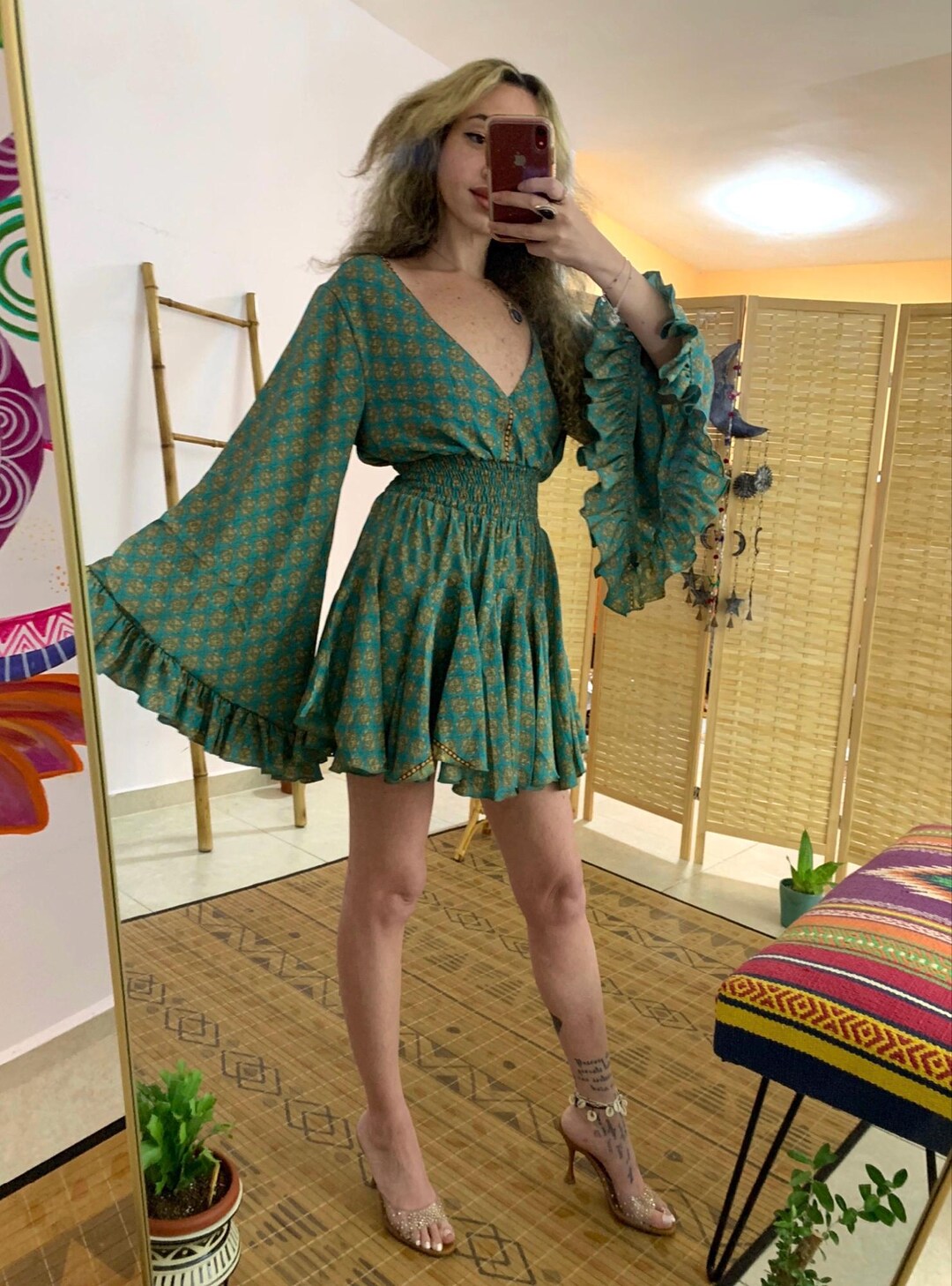 Turquoise and Sparkly Gold Bell Sleeve Mini Dress | Goddess Short Dress ...