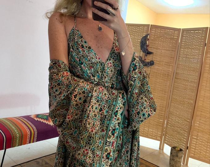 Goddess Bohemian Green Backless Dress Suit Kimono and Dress Set Free ...