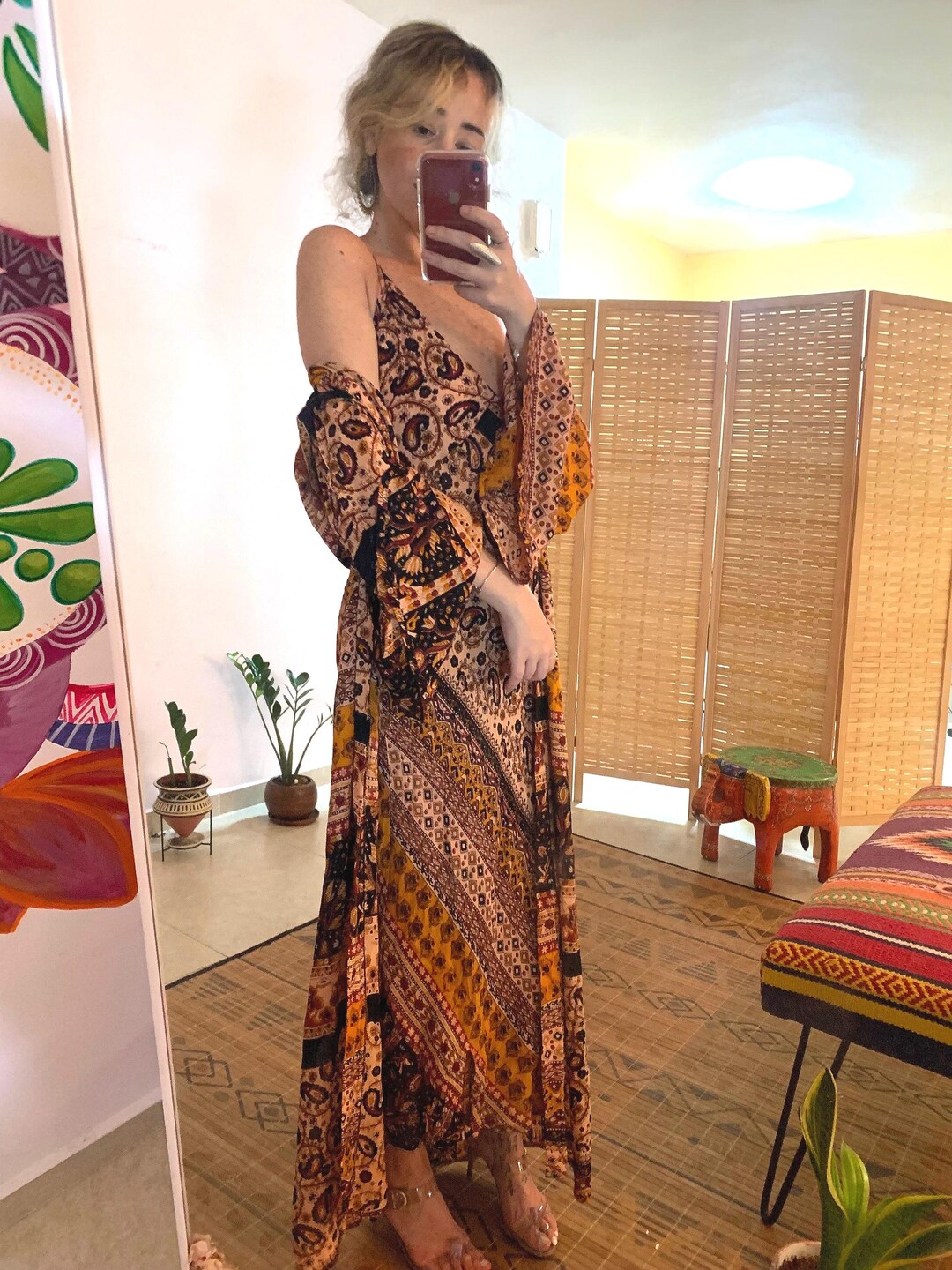 Crepe Bohemian Matching Outfit | Sheer Sexy Long Dress and Kimono Set ...
