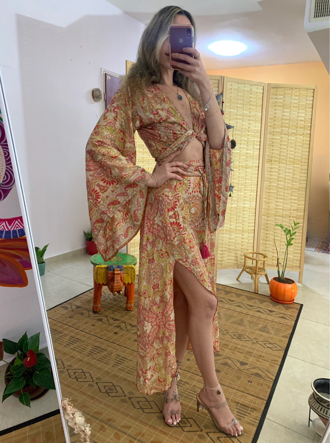 SALE Silky Set | Bohemian Silt Side Cut Skirt and Bell Sleeve Wrap Top ...