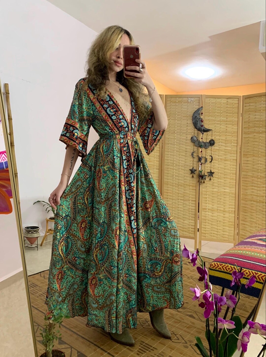 Silky Boho Sparkly Gold Goddess Long Dress With Midi Bell Sleeve ...