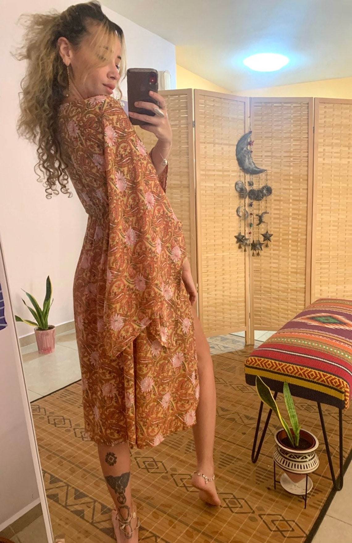 Peach Bell Sleeves Kimono Floral Ethnic Style Resort Woman - Etsy