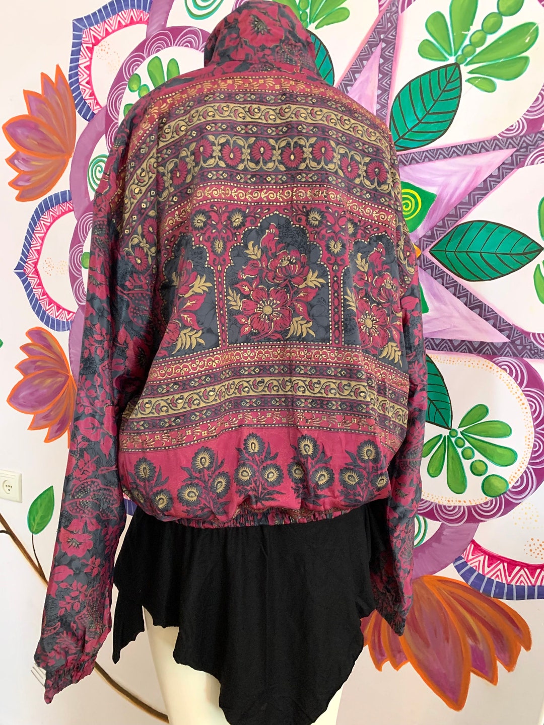 Silk Fleece One of a Kind Red Flowers Jacket Vintage Zipper Winter ...