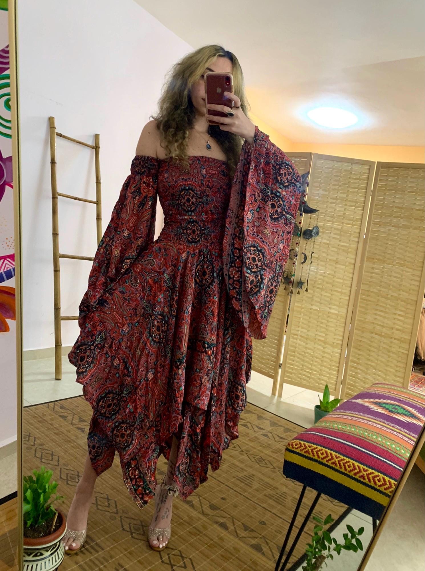Long Bell Sleeve Red and Gold Pattern Goddess Dress | Long Bohemian ...