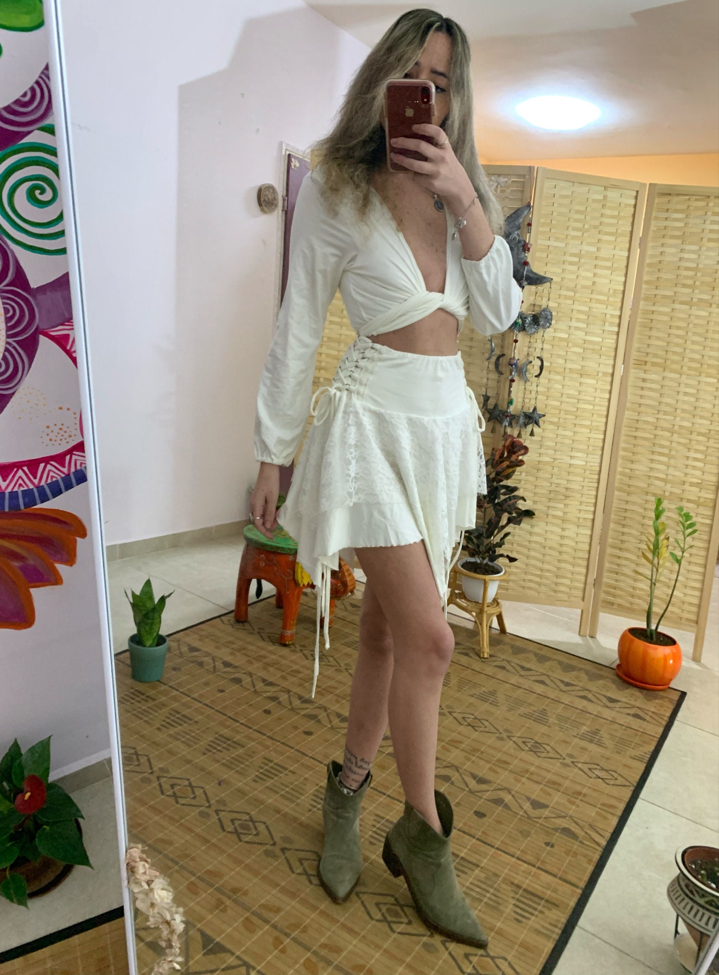 Two Piece Mini Pointy Lace Skirt and Long Sleeve Tie Top Outfit | Short ...