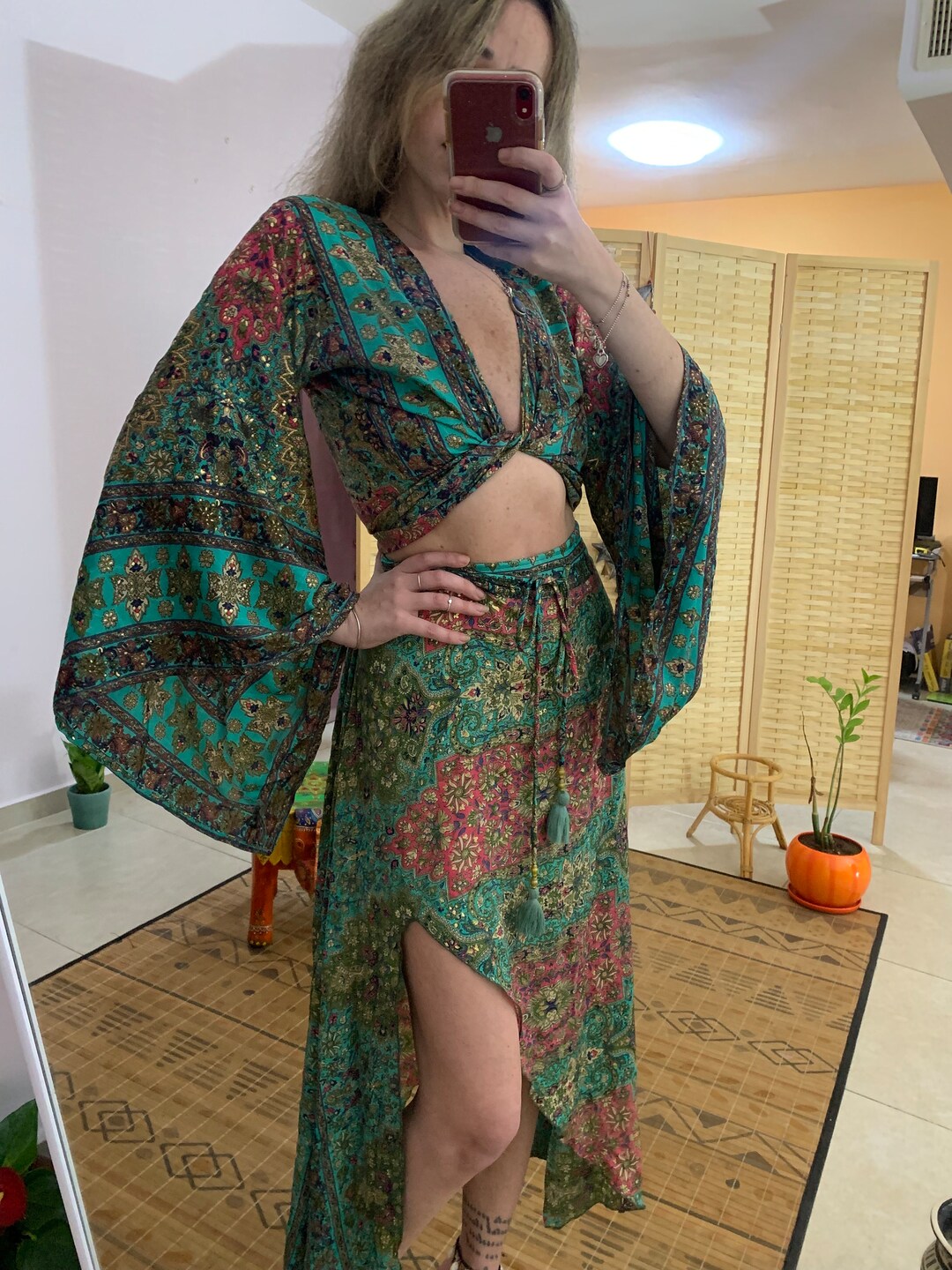 Royal Silky Set | Bohemian Silt Side Cut Skirt and Bell Sleeve Wrap Top Set | Festival Dress ...