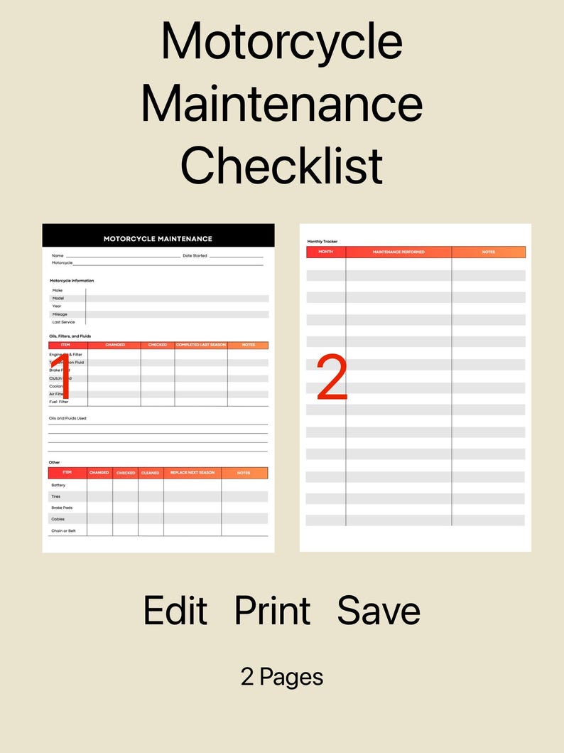 Motorcycle Maintenance Checklist and Tracker, Printable Checklist ...