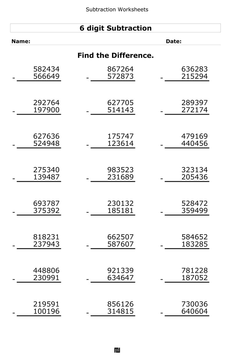 6 Digit Subtraction Worksheets. 6 Digit Minus 6 Digit Subtraction. Long ...