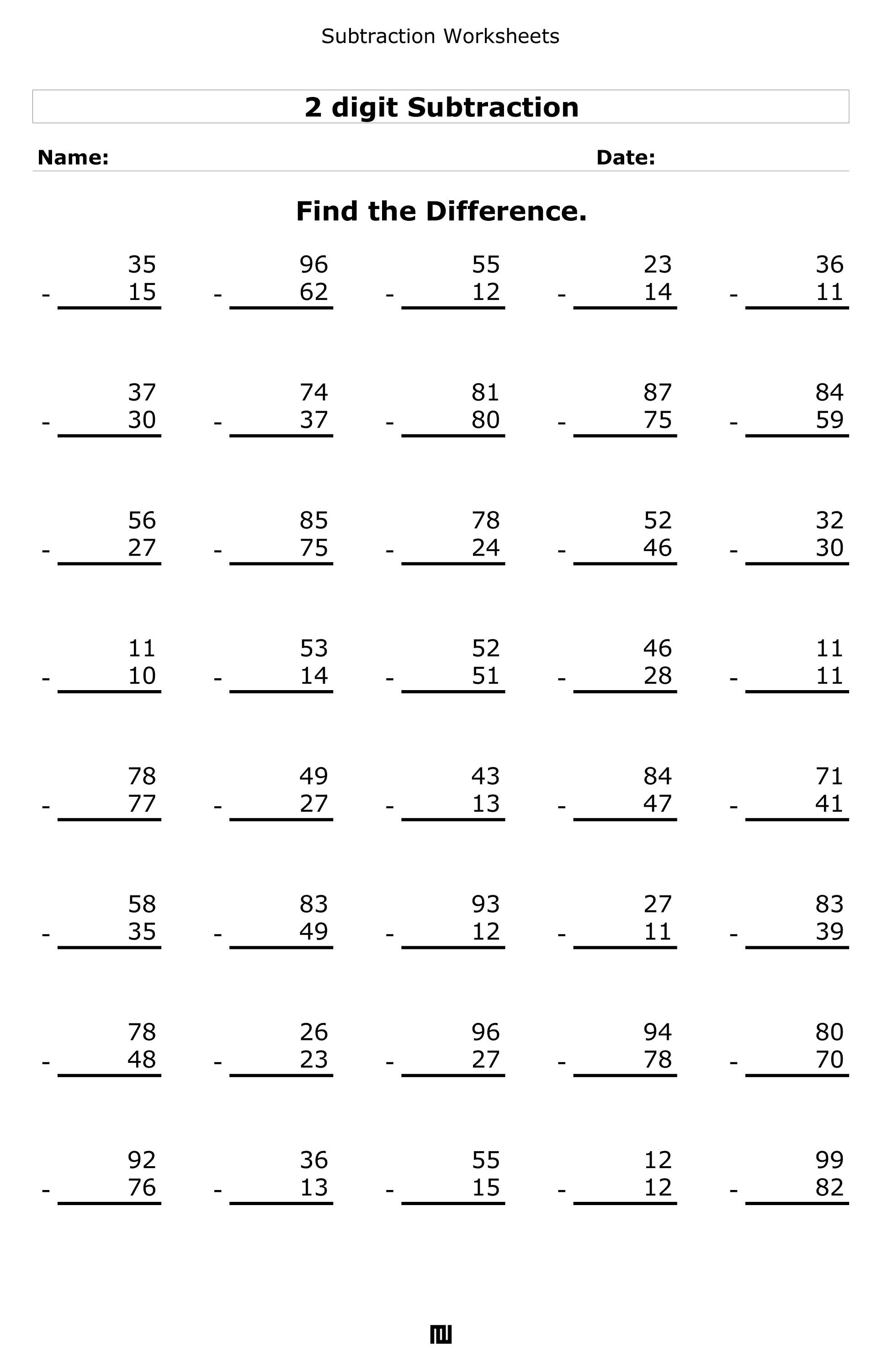 2 Digit Subtraction Worksheets. 2 Digit Minus 2 Digit Subtraction ...