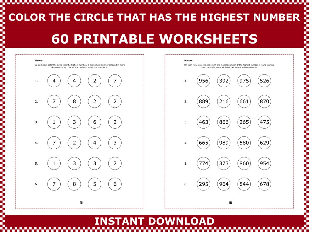 Identify the Biggest Number Worksheets. Color the Circle That - Etsy