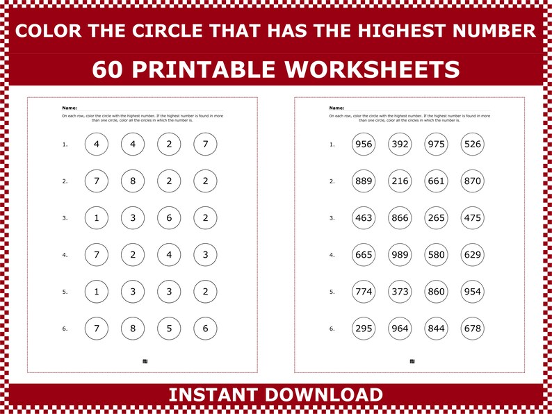 Identify the Biggest Number Worksheets. Color the Circle That - Etsy