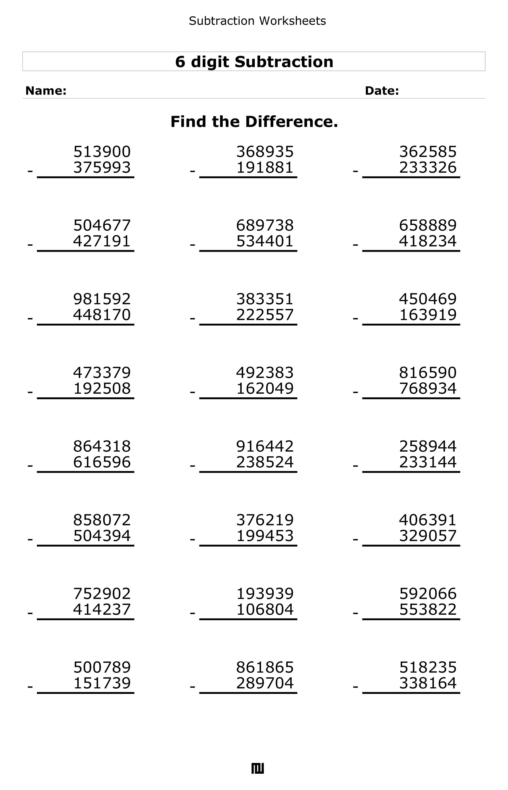 6 Digit Subtraction Worksheets. 6 Digit Minus 6 Digit Subtraction. Long ...