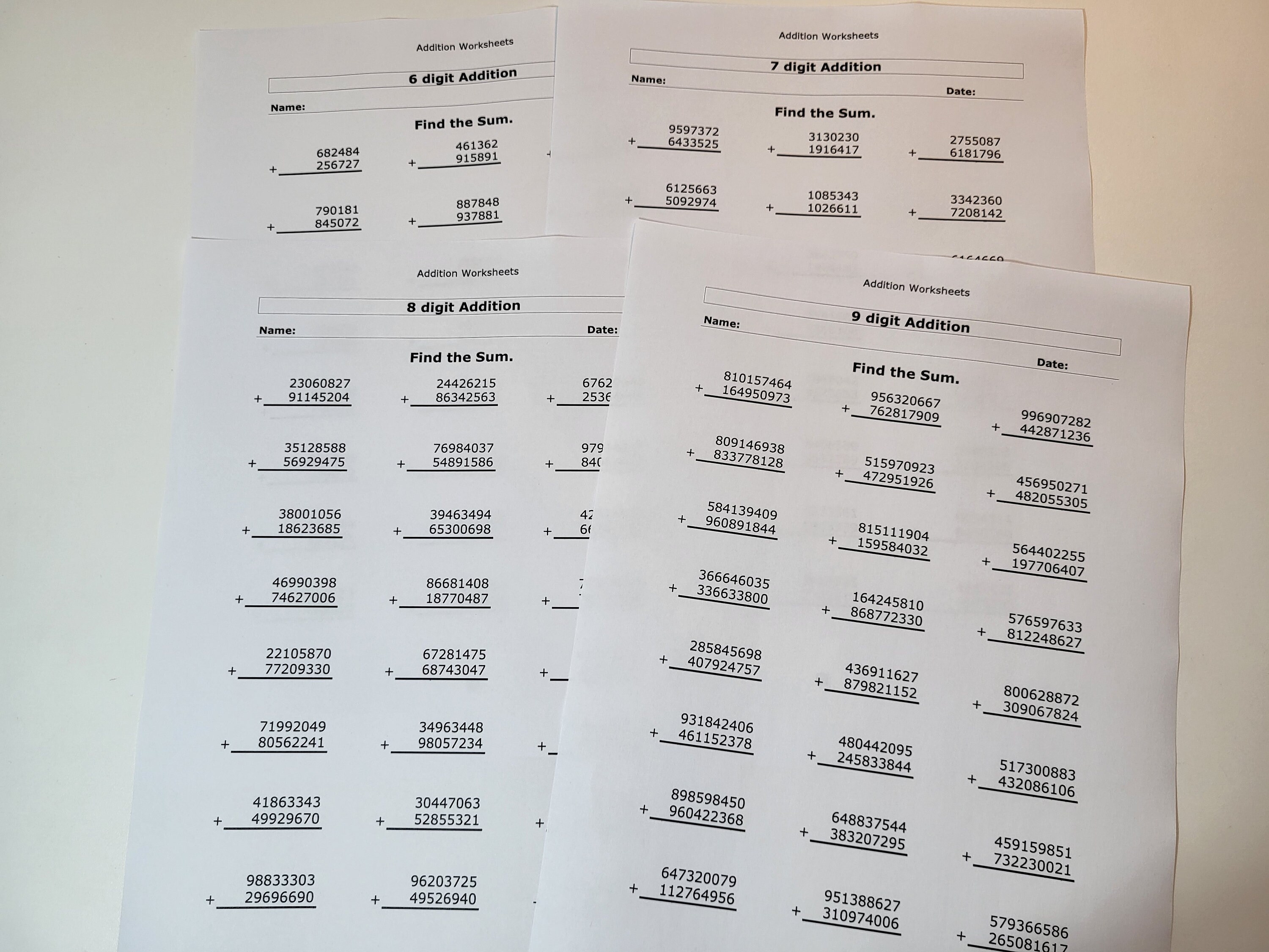 Multi Digit Addition Worksheets. Addition With 6 Digit, 7 Digit, 8 ...