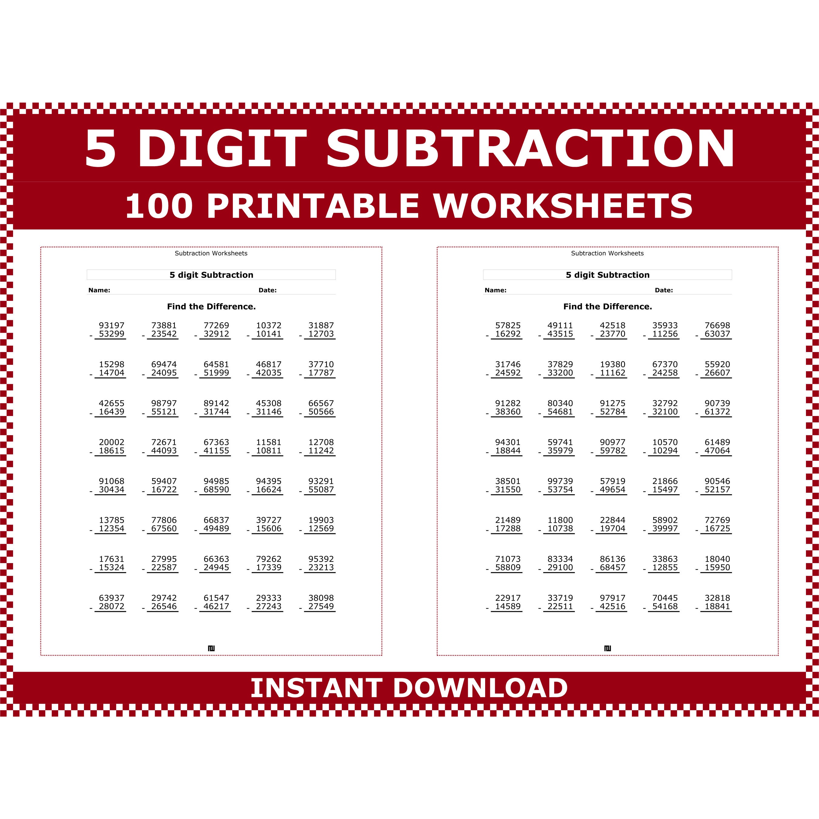5 Digit Subtraction Worksheets. 5 Digit Minus 5 Digit Subtraction. Long ...