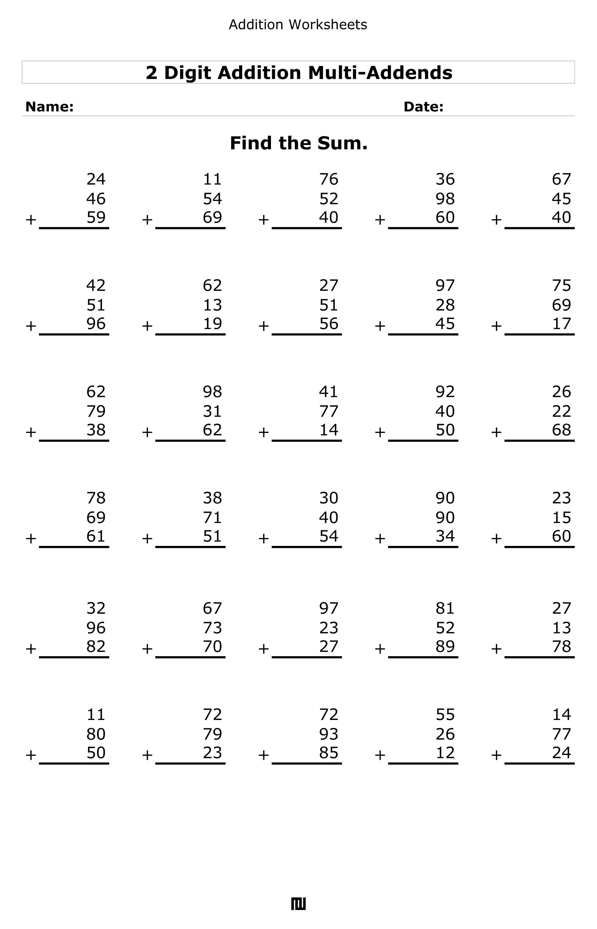 Multi-addends 2 Digit Numbers Worksheets. Add up Three 2 Digit Numbers ...