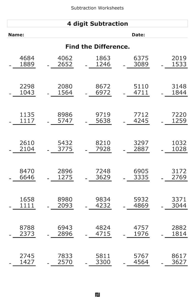 4 Digit Subtraction Worksheets. 4 Digit Minus 4 Digit Subtraction ...