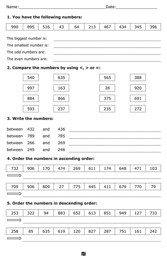 Ordering Numbers Worksheets Second Grade