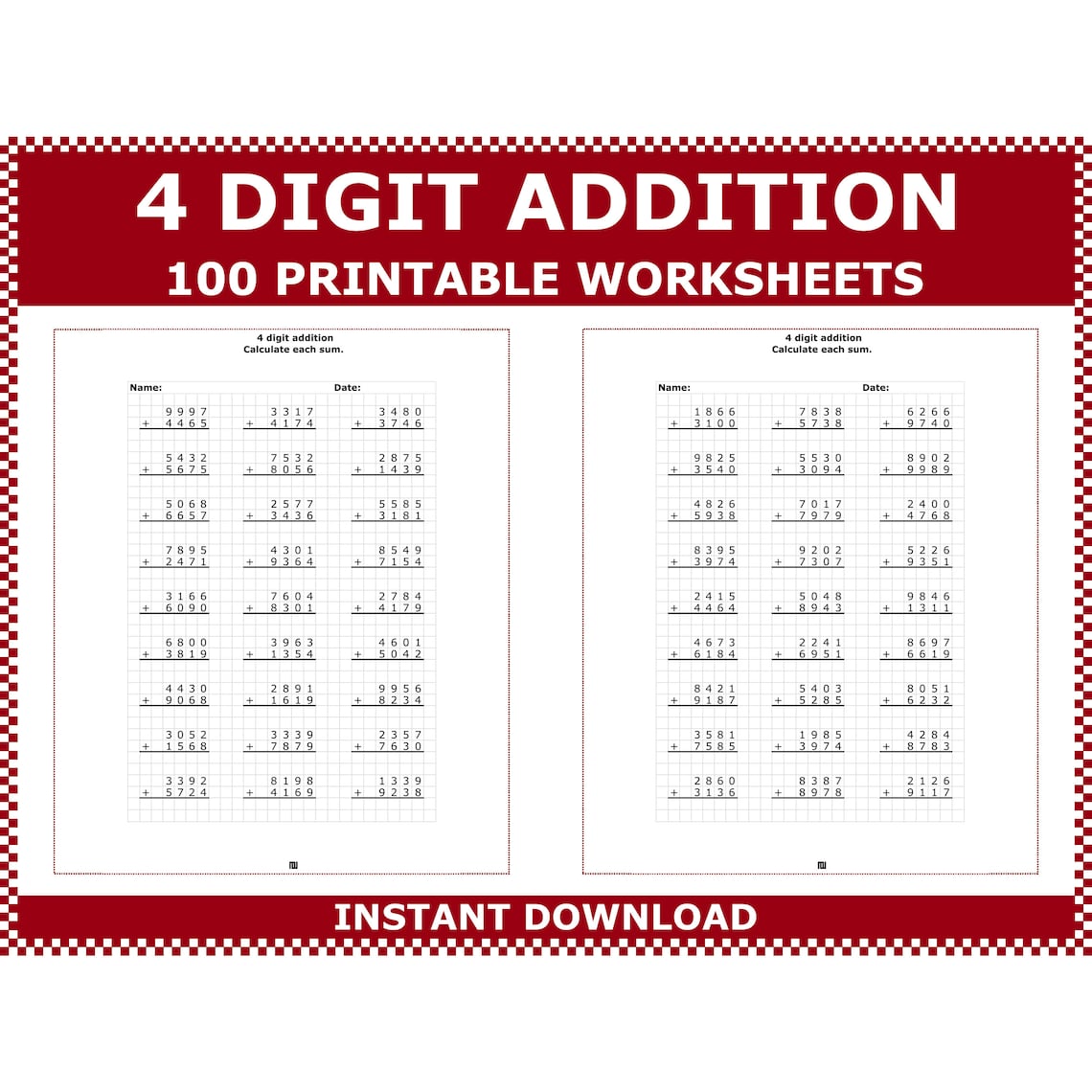 4-digit Addition Worksheets: 3rd-4th Grade Math (PDF Download) - Etsy