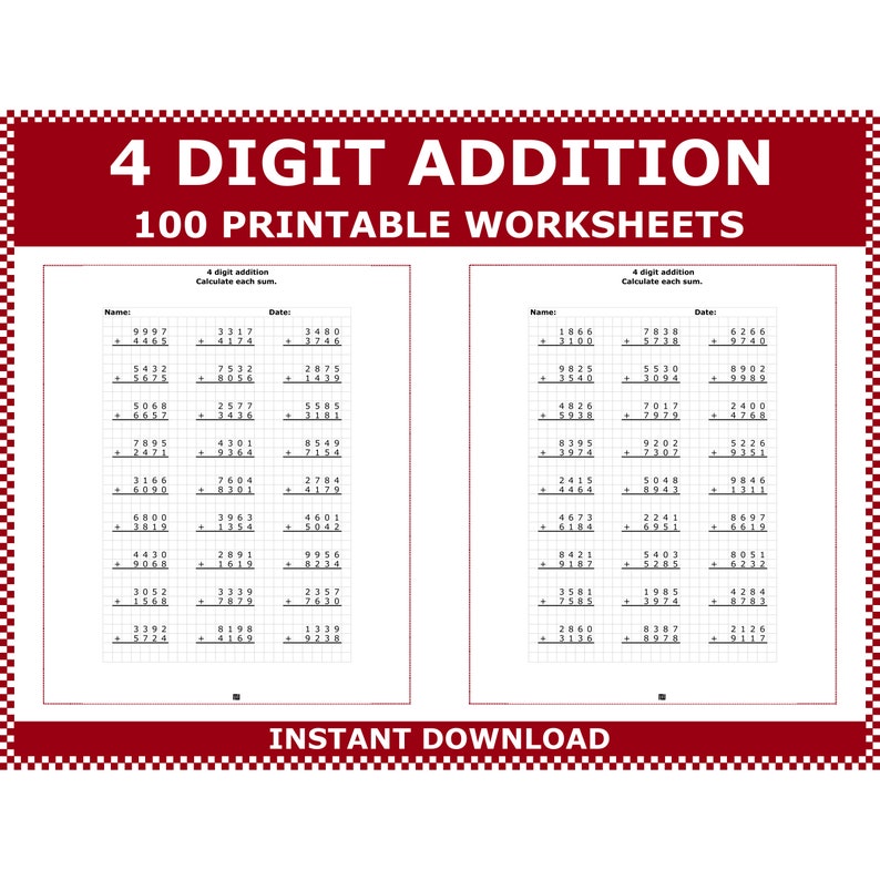 4-digit Addition Worksheets: 3rd-4th Grade Math (PDF Download) - Etsy