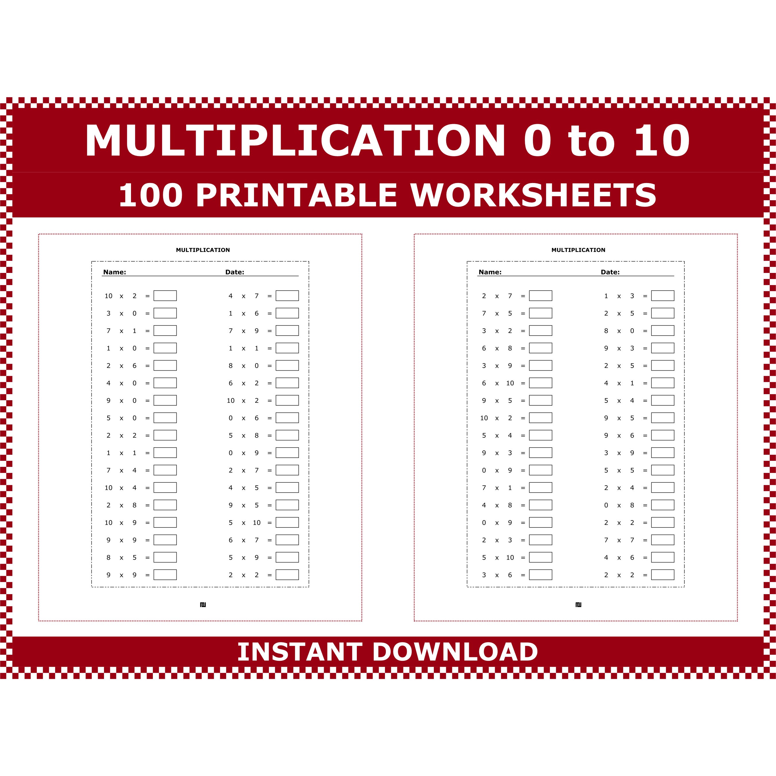Multiplying (1 to 10) by 1 to 10. Math Drills Digital Download ...