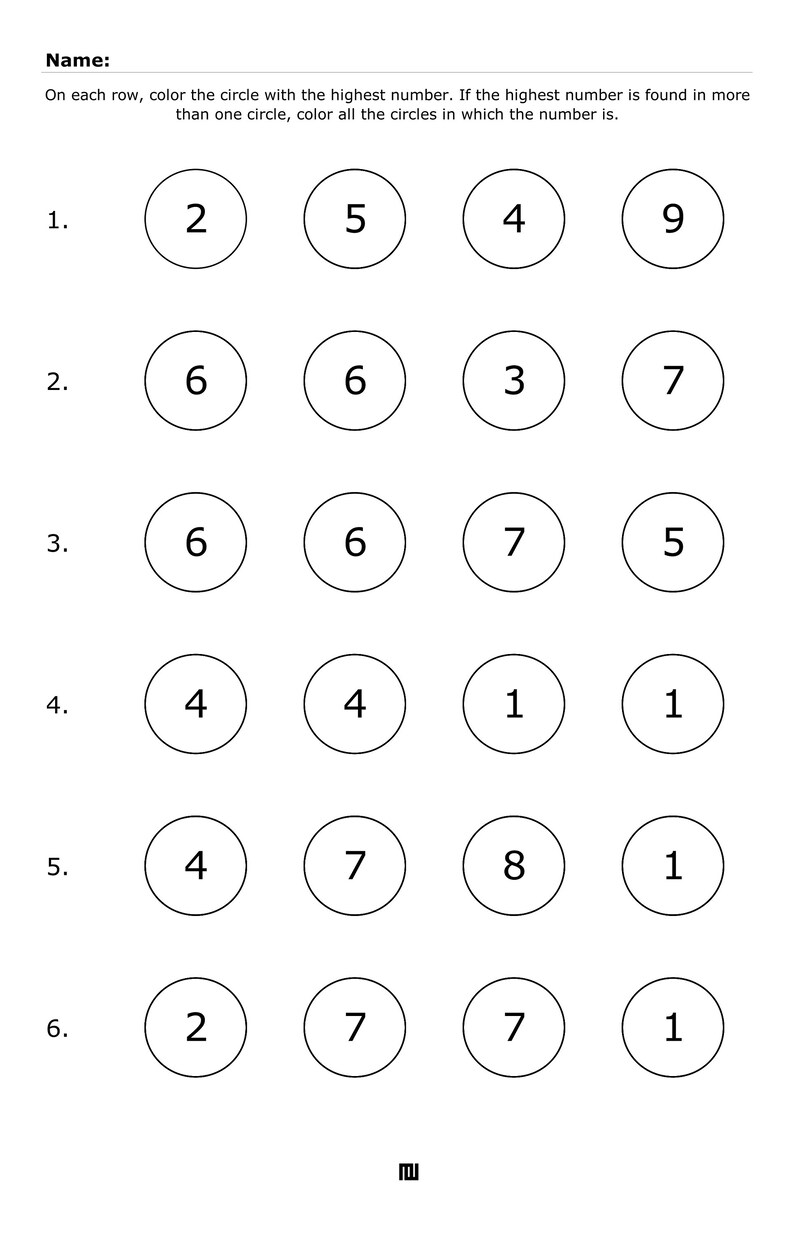 Identify the Biggest Number Worksheets. Color the Circle That Has the ...