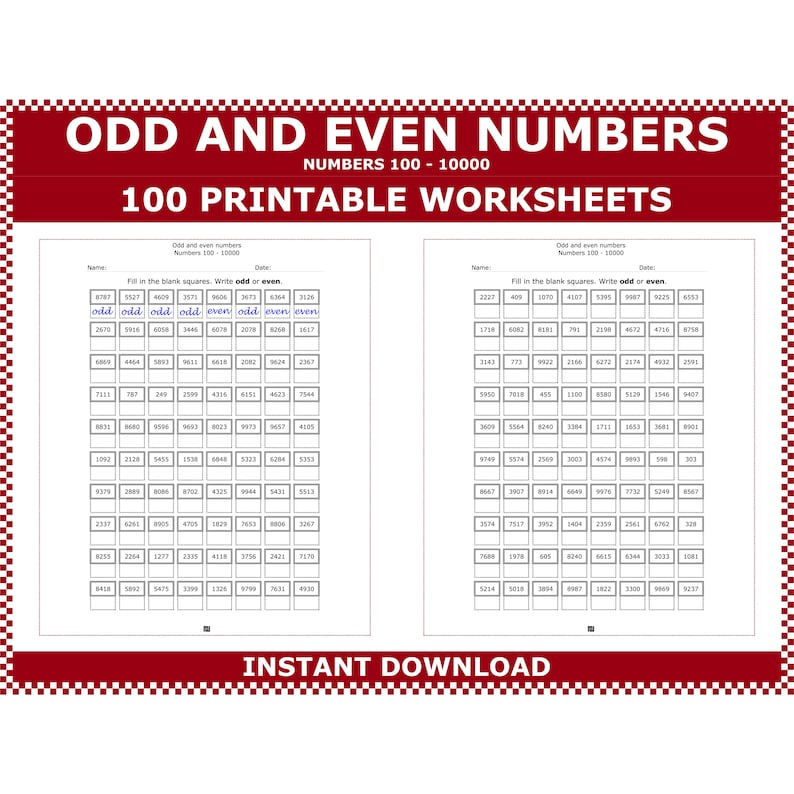 Odd and Even Numbers Worksheets: 100-10000 (PDF) - Etsy