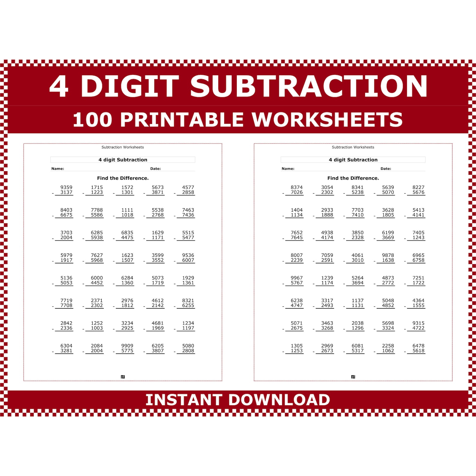 4 Digit Subtraction Worksheets. 4 Digit Minus 4 Digit Subtraction ...