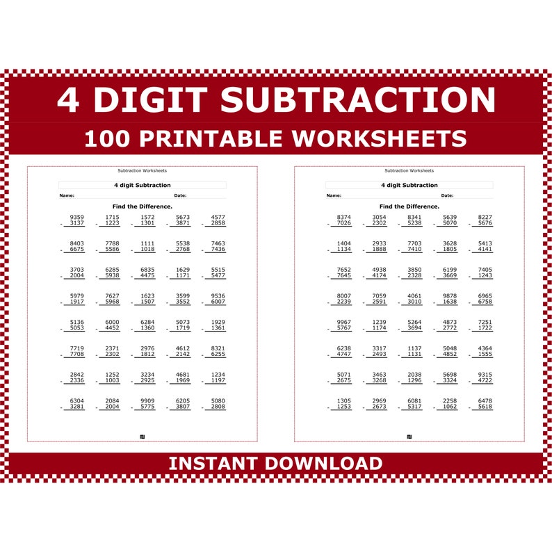 4 Digit Subtraction Worksheets. 4 Digit Minus 4 Digit Subtraction ...
