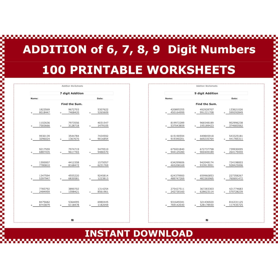Multi Digit Addition Worksheets. Addition With 6 Digit, 7 Digit, 8 ...
